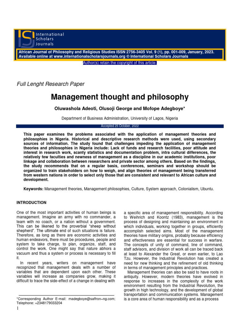 Management Thought and Philosophy | PDF