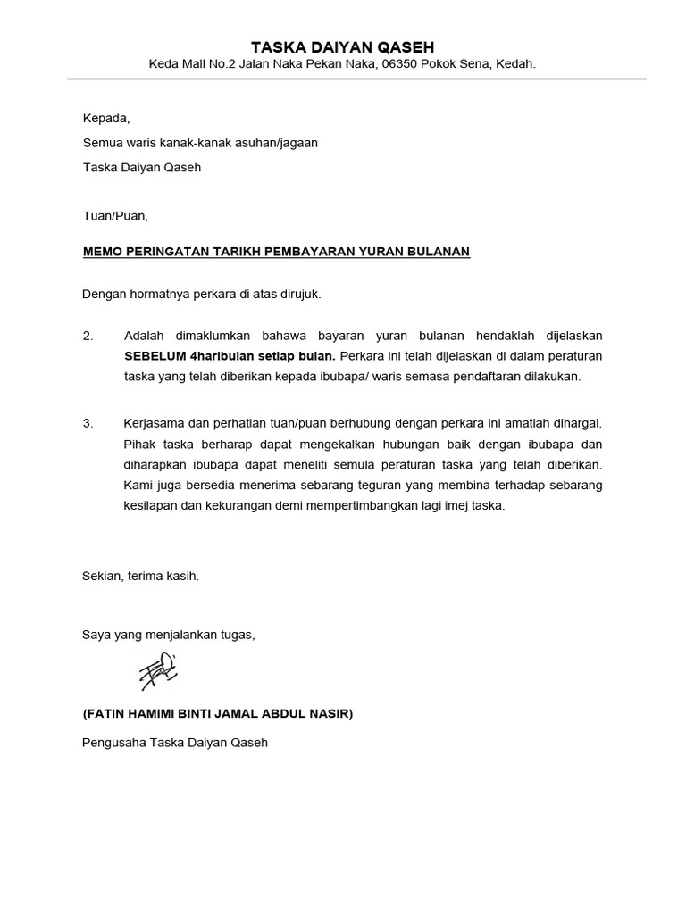 Memo Pembayaran Yuran Bulanan | PDF