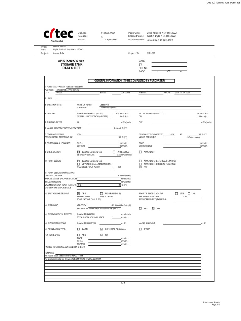API 650 Storage Tank Data Sheet | PDF | Technology & Engineering