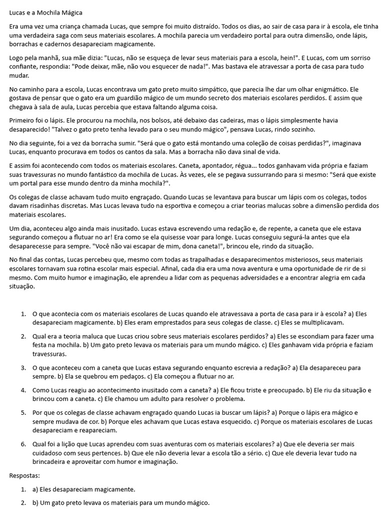 Lucas e A Mochila Mágica Interpretação | PDF