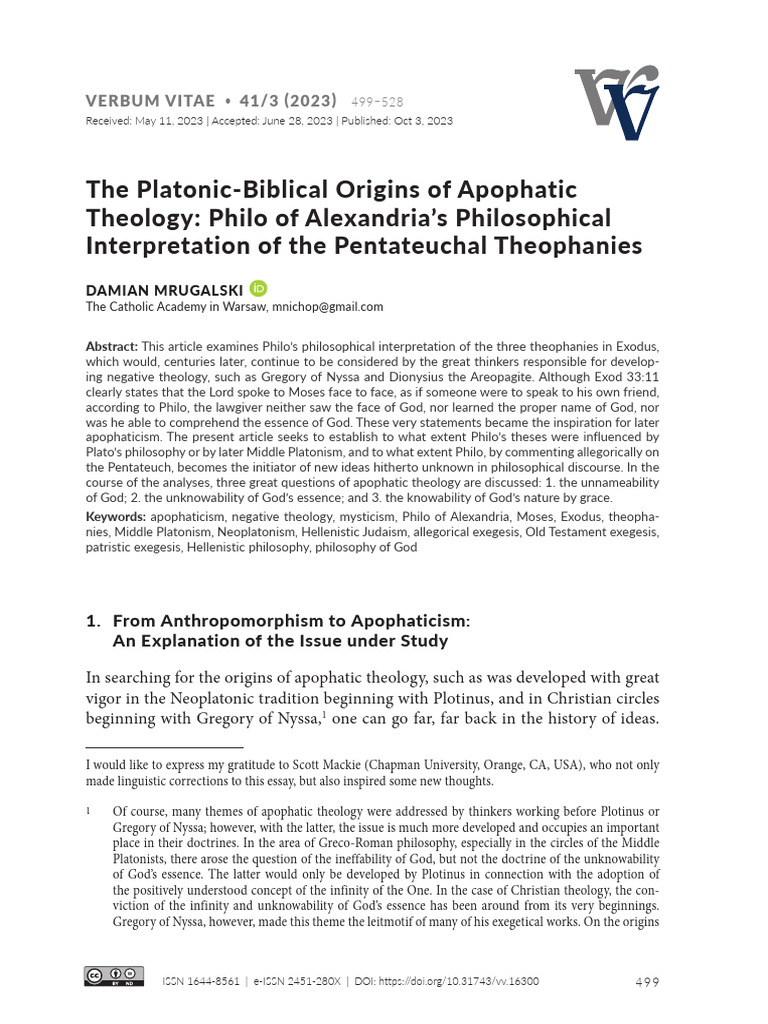 The Platonic-Biblical Origins of Apophatic Theology: Philo of ...