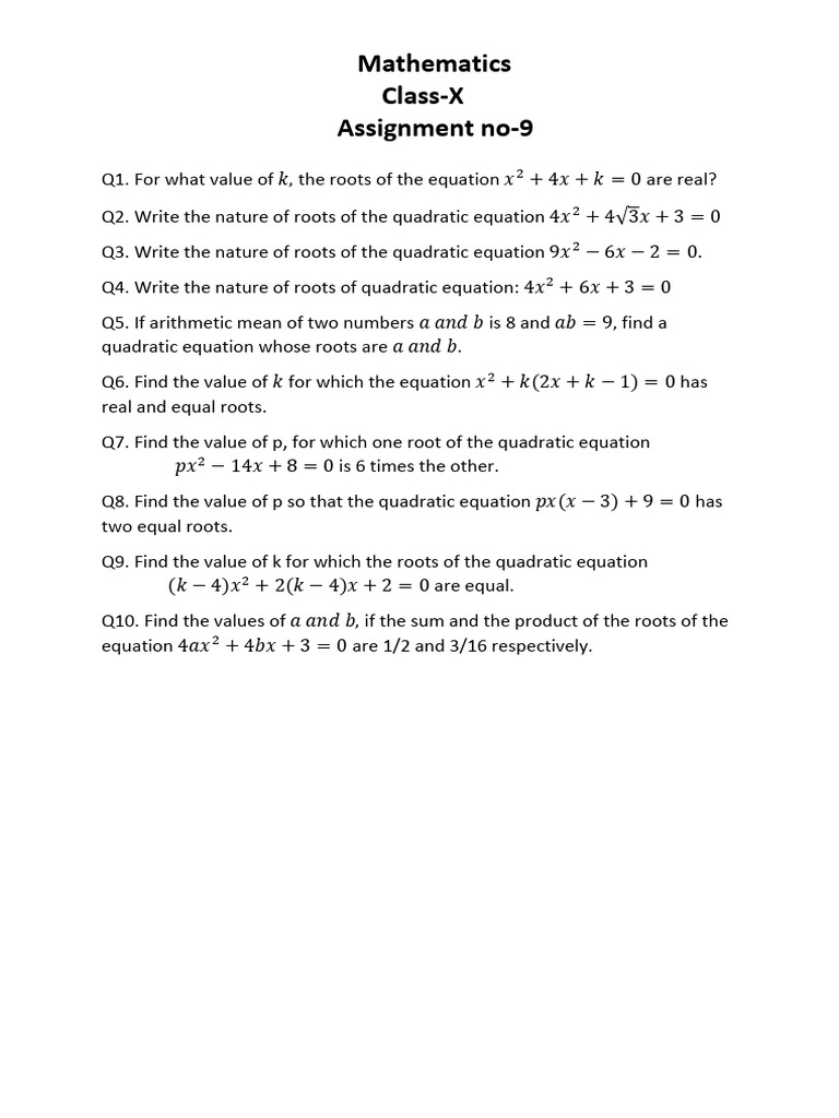 Mathematics Class-X Assignment No-9 | PDF