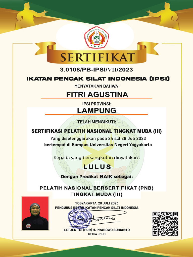 Sertifikat Pelatih Fitri Agustina | PDF