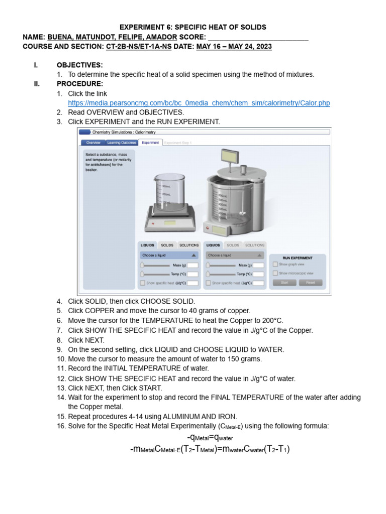 Experiment 6-Specific Heat of Solids | PDF