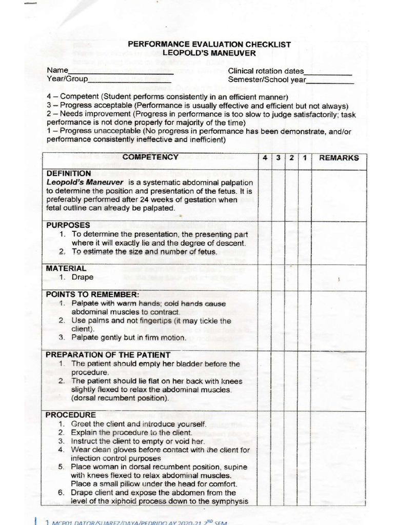 Leopolds Maneuver Checklist | PDF
