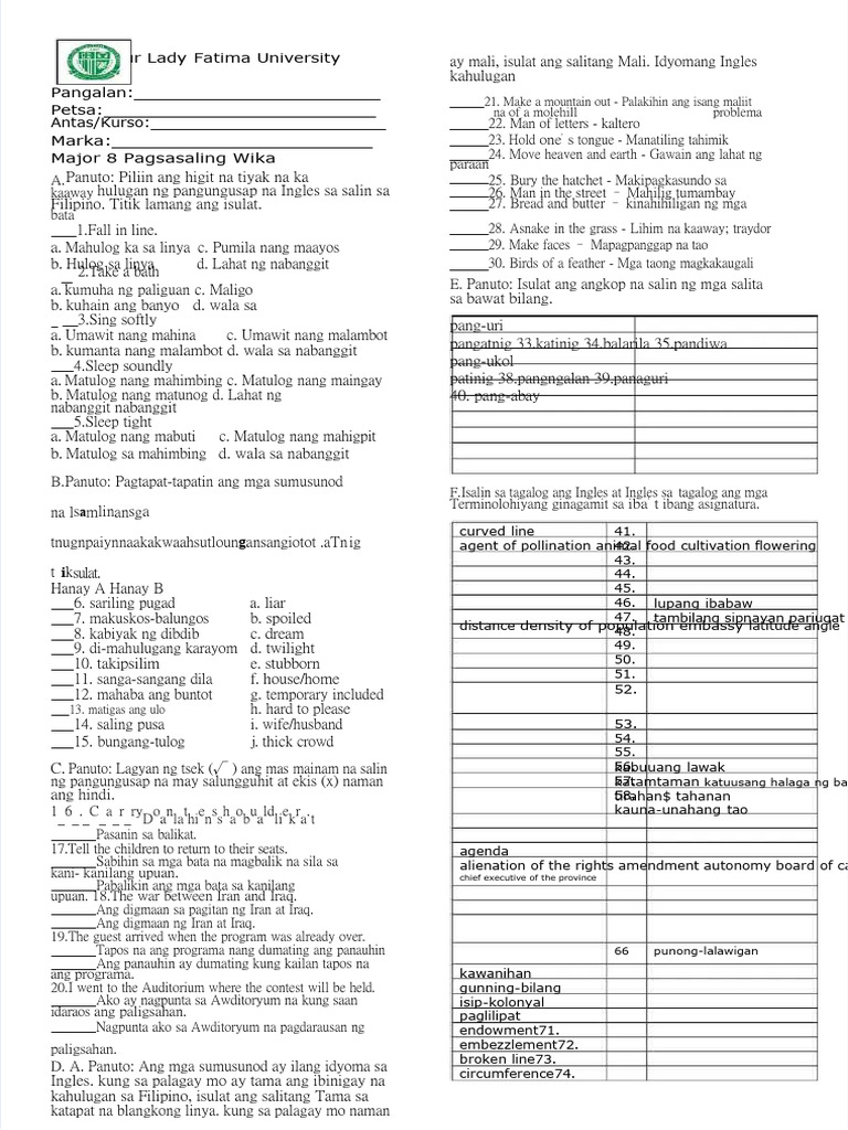 Pdf Walang Sagot Long Test Pagsasaling Wika No 1 Test Pdf