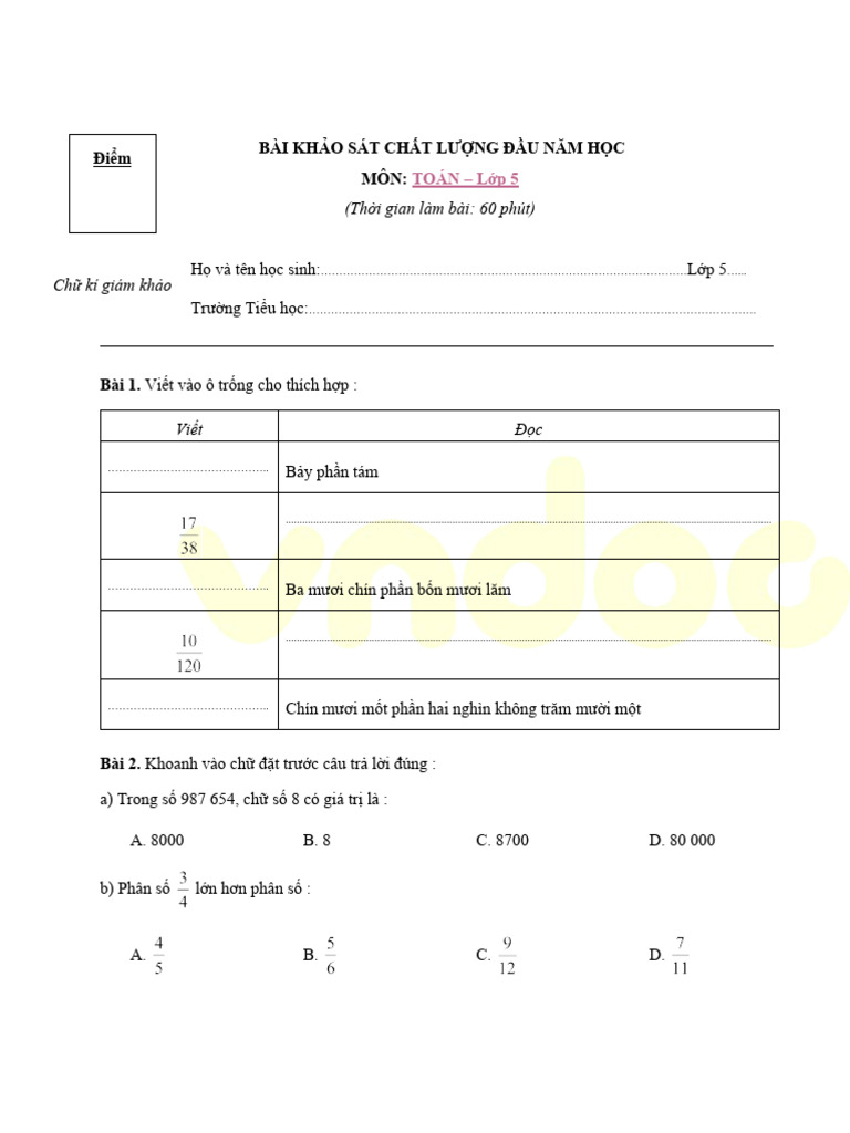 De Khao Sat Chat Luong Dau Nam Mon Toan Lop 5 | PDF