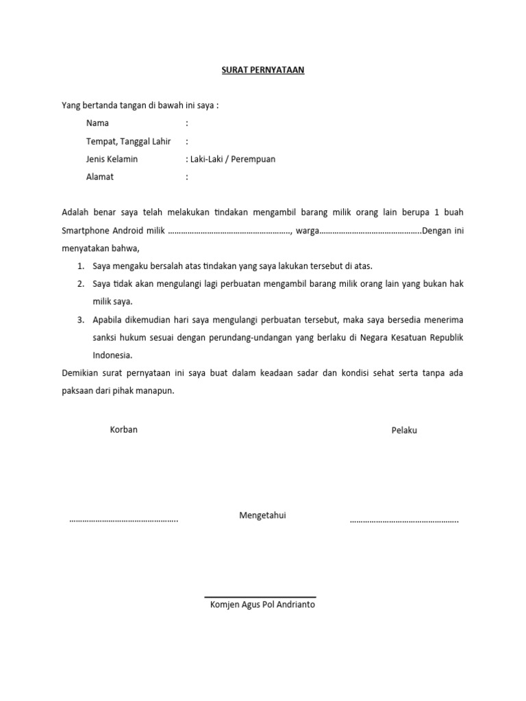 Surat Pernyataan Mencuri | PDF