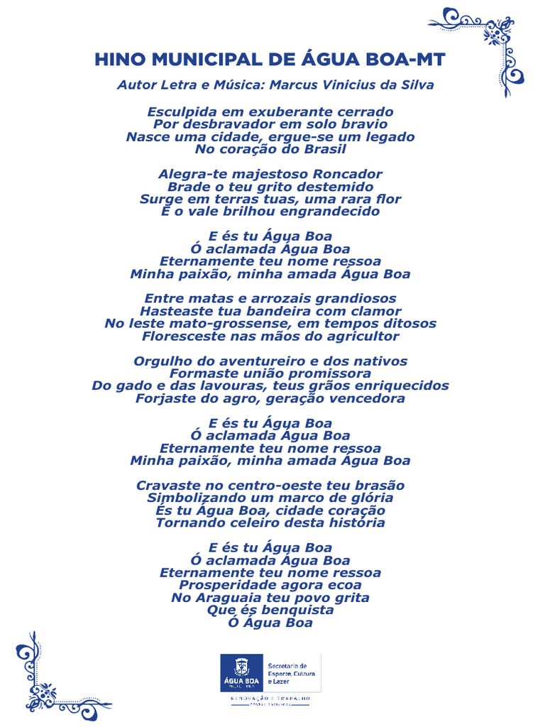 Hino da Cidade de Água Boa MT - Letra | PDF