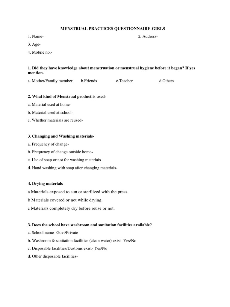 Menstrual Practices Questionnaire for Girls | PDF