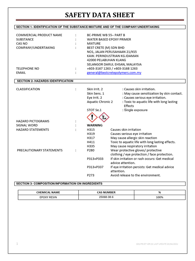 Water-Based Epoxy Primer Safety Data Sheet | PDF