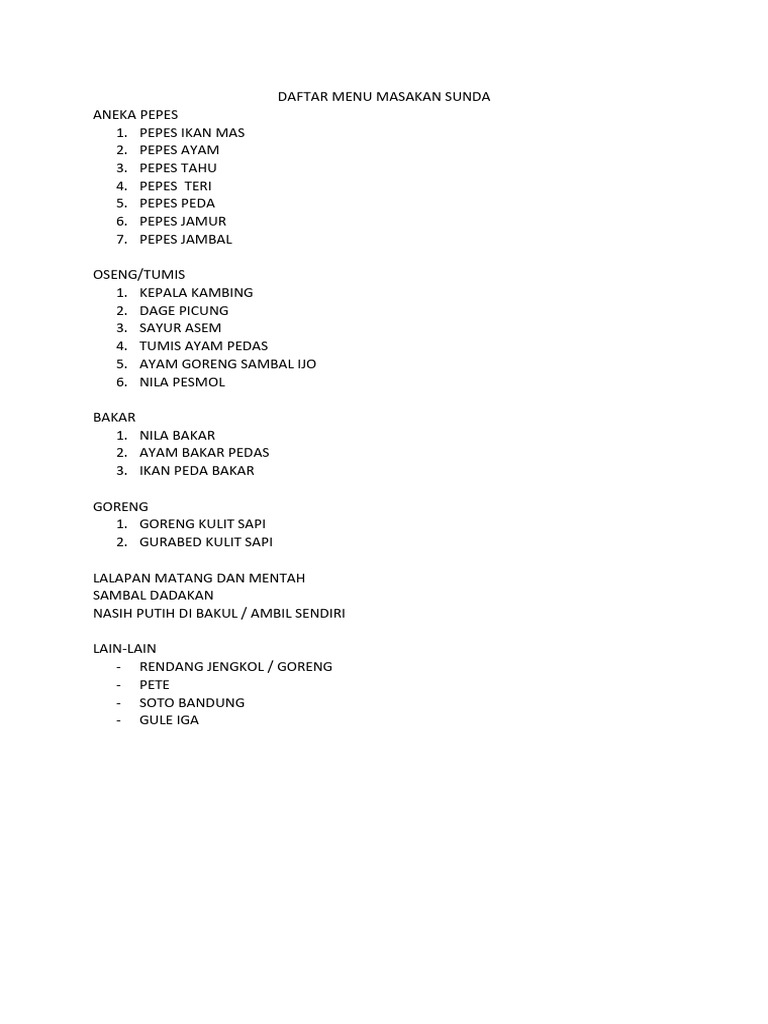 Daftar Menu Masakan Sunda | PDF