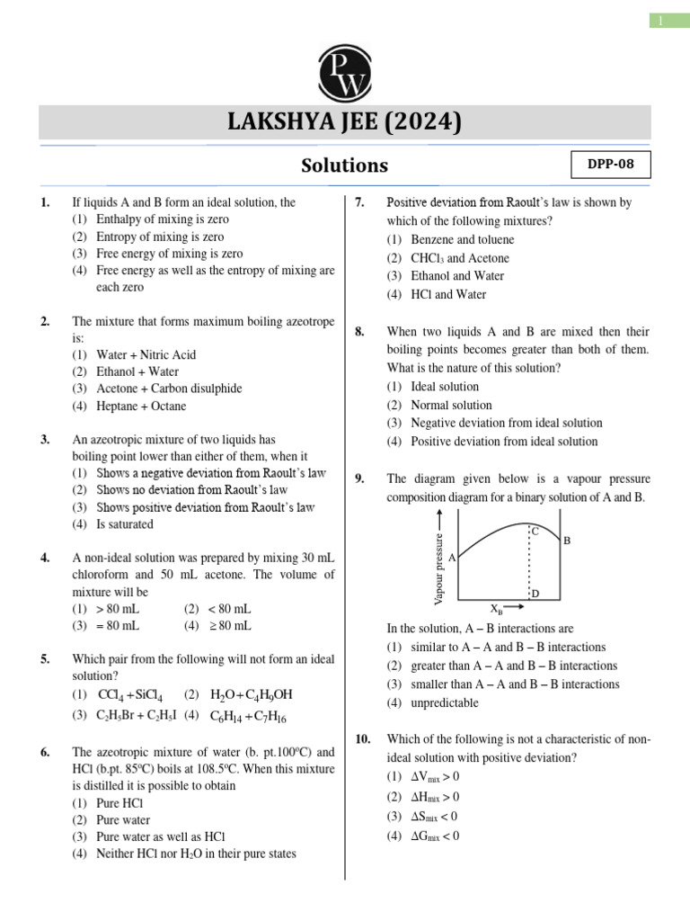Solutions - DPP 08 (Of Lec 09) - Lakshya JEE 2024 | PDF | Physical Chemistry | Chemistry
