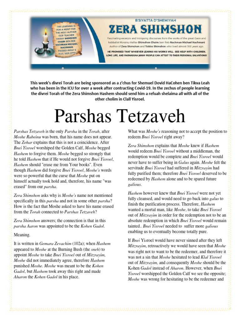 Zera Shimshon Parshas Tetzaveh Purim | PDF