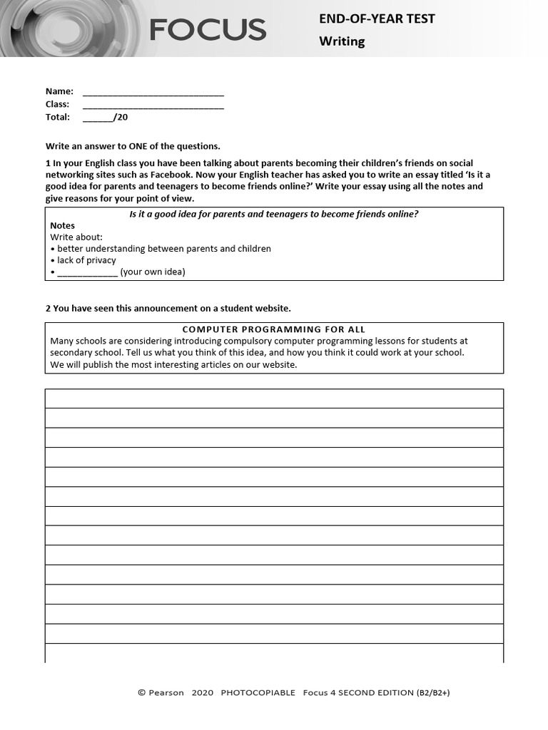 Focus4 2E End of Year Test Writing | PDF