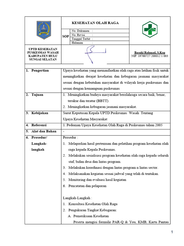 01 Sop Kesehatan Olahraga | PDF