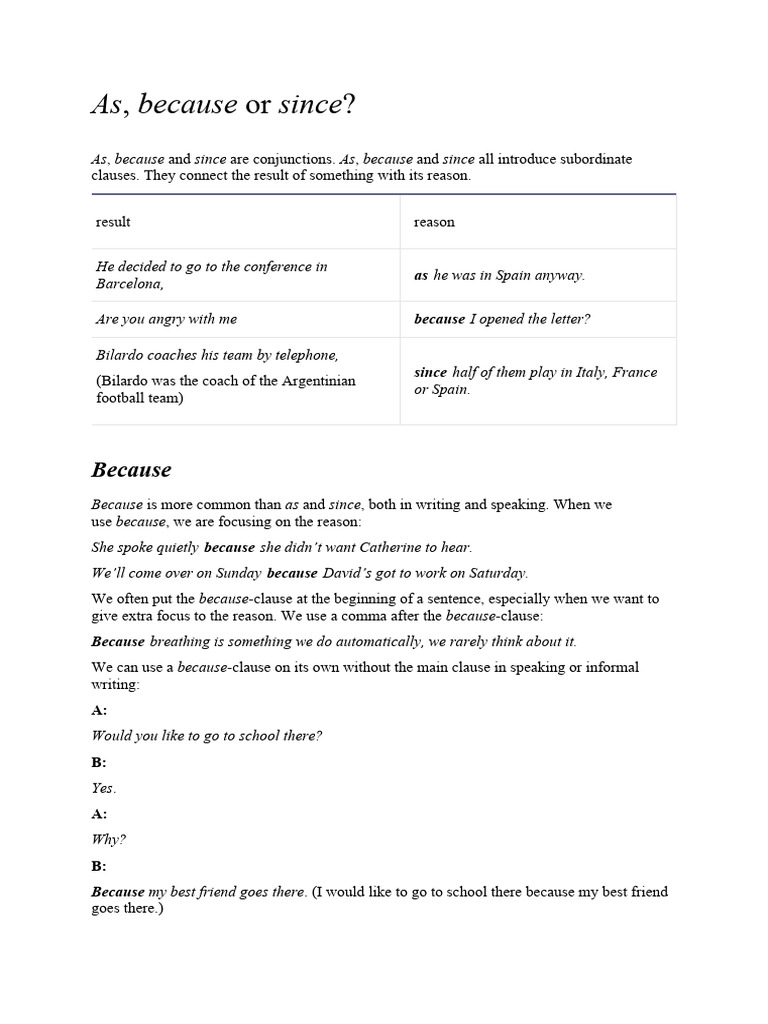 Understanding "As," "Because," and "Since" | PDF | Language Arts ...