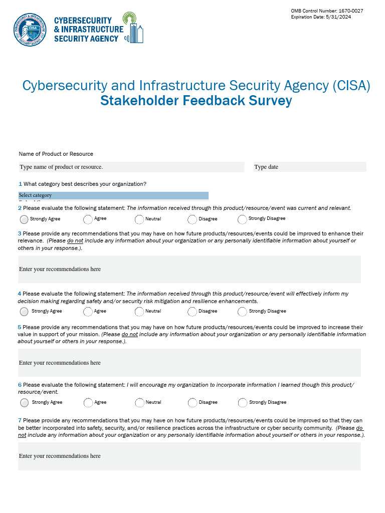 Insider Threat Mitigation Workshop Cisa Stakeholder Feedback Survey