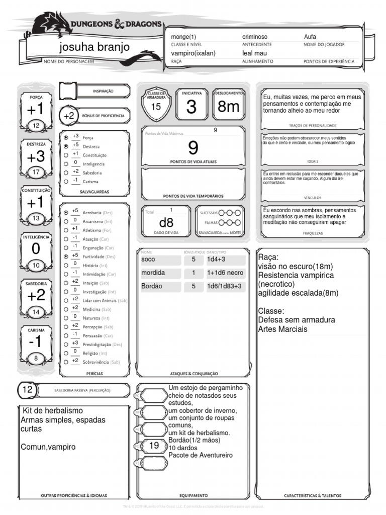 Ficha Oficial D&D 5E Editável Vampire | PDF