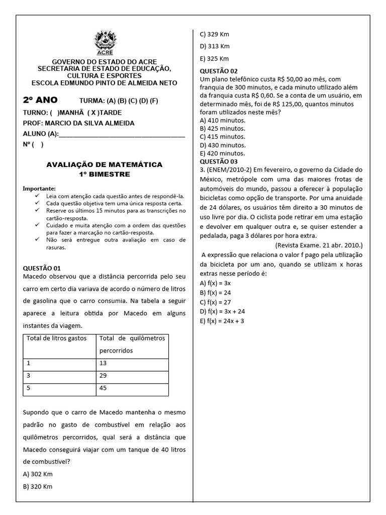 Prova Do 2 Ano. Ensino Medio | PDF