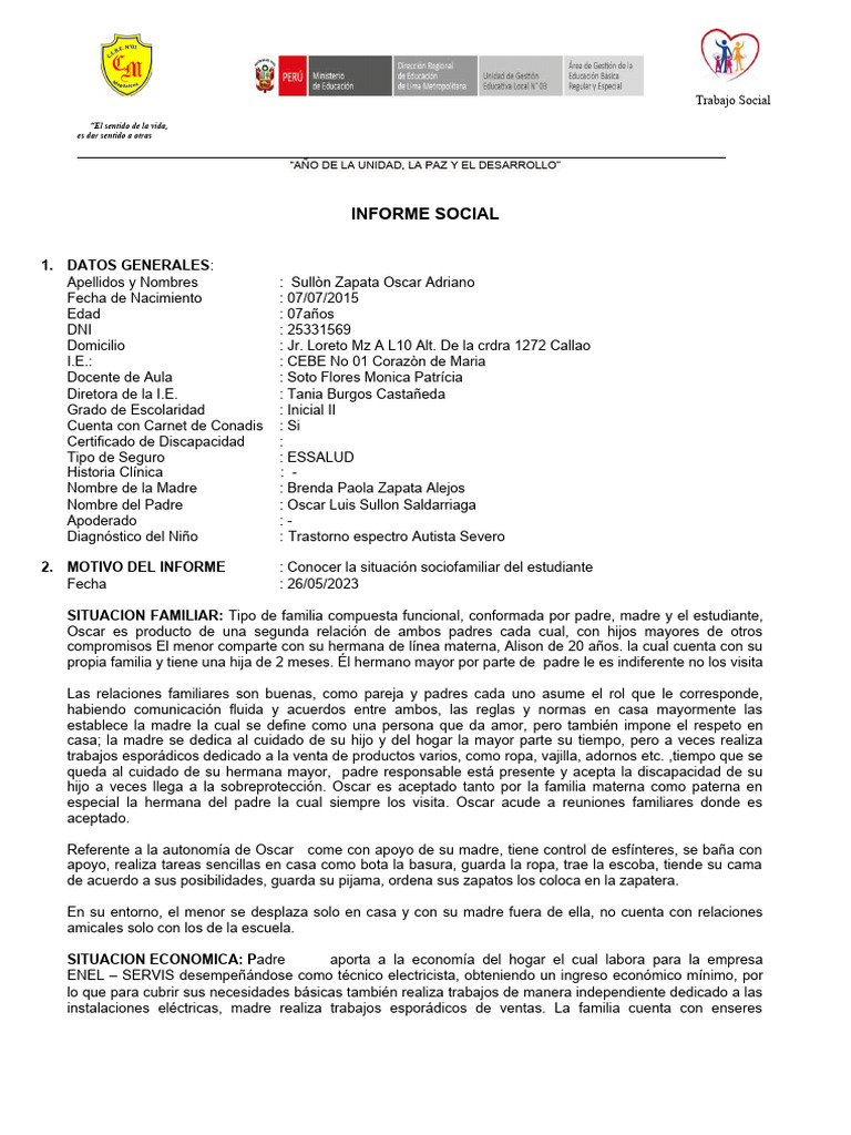 INFORME - SOCIAL Oscar Sullon Zapata Inic - IICEBE - CM2023 | PDF