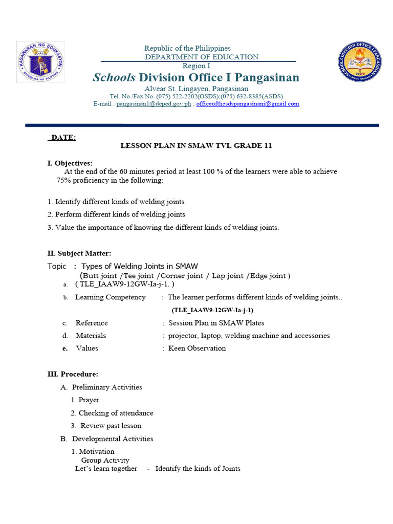 Lesson Plan Smaw | PDF | Welding | Construction