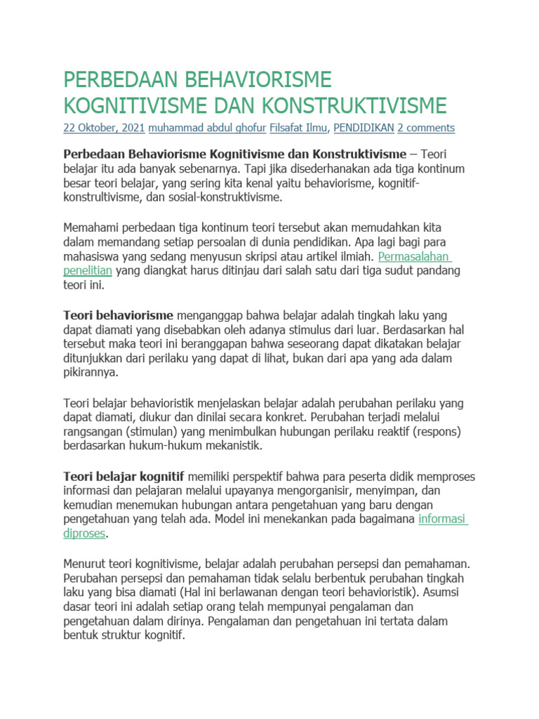 Perbedaan Behaviorisme Kognitivisme Dan Konstruktivisme | PDF