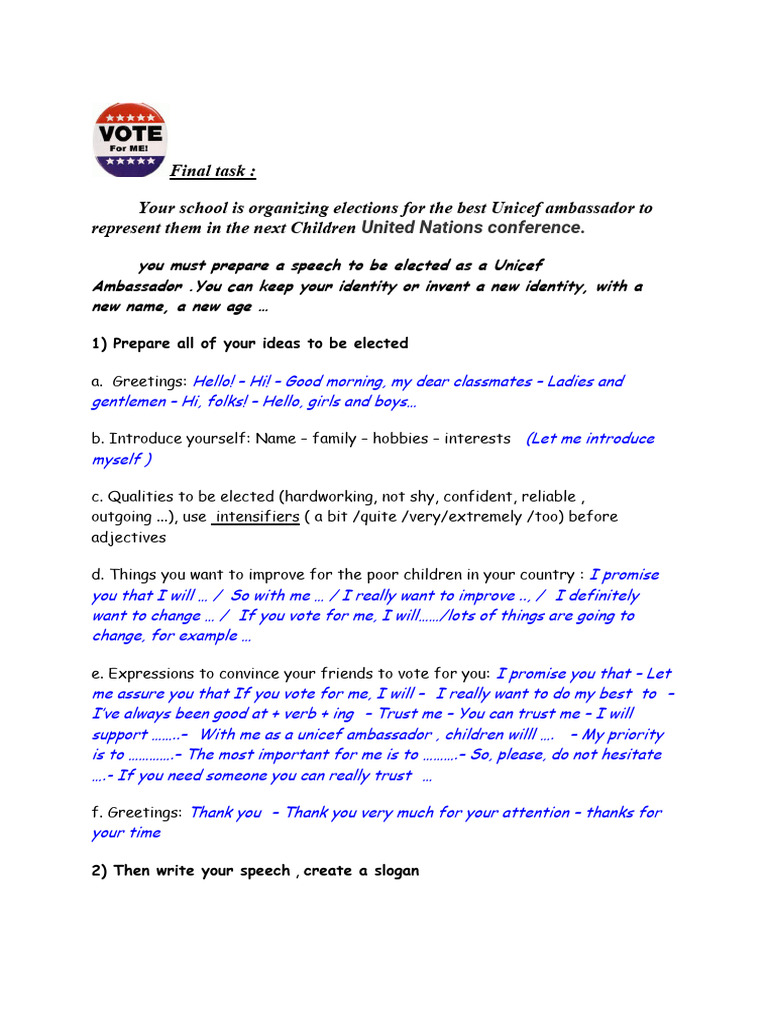 Final Task A Speech To Be Elected As A Unicef Ambassador | PDF | Self ...