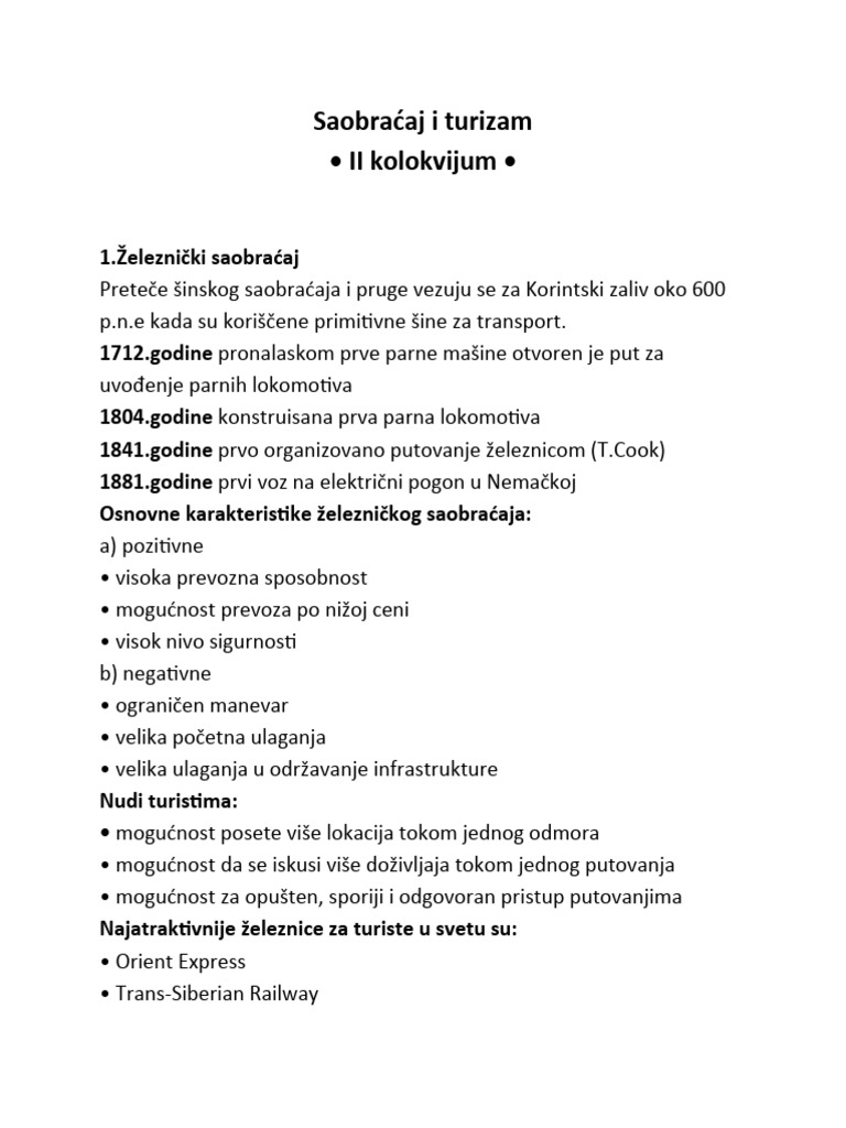 Saobraćaj I Turizam II Kolokvijum | PDF