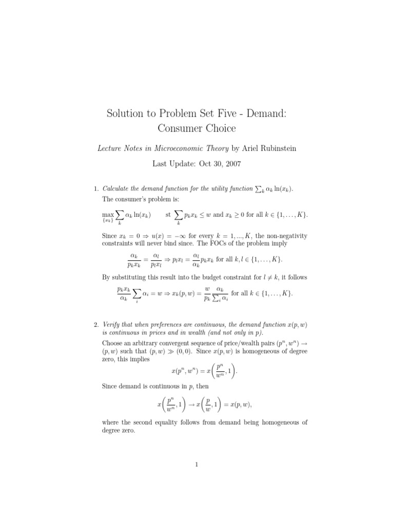 Solution To Problem Set Five - Demand: Consumer Choice | PDF | Applied Mathematics | Consumer ...