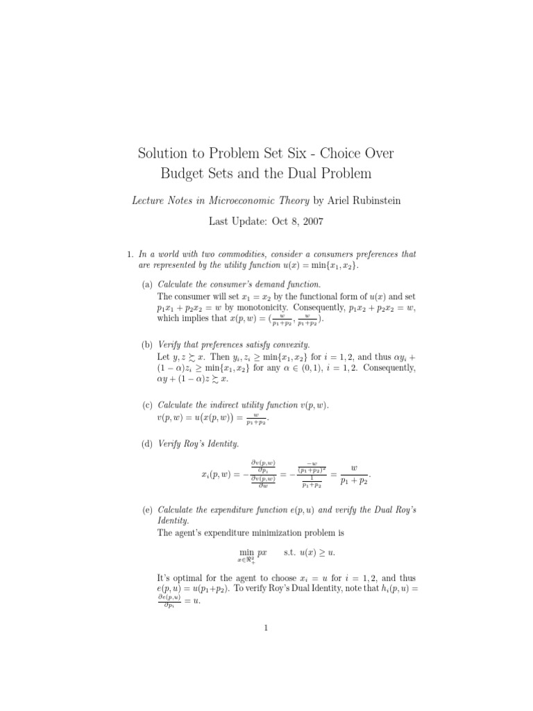 Solution To Problem Set Six - Choice Over Budget Sets and The Dual Problem | PDF | Utility ...