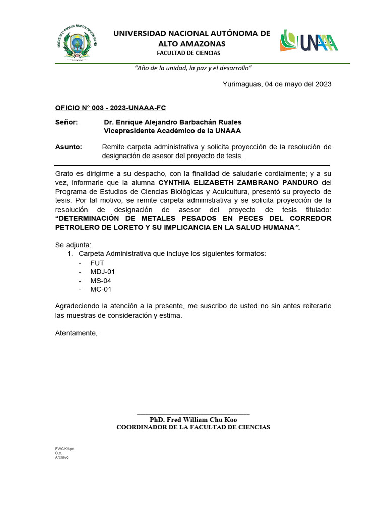 Oficio #003 - Remite Carpeta Adm. Solicita Resolucion Asesor - Cynthia Elizabeth Zambrano ...