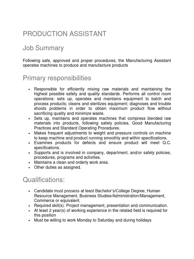 Manufacturing Assistant Job Description | PDF | Career & Growth | Business