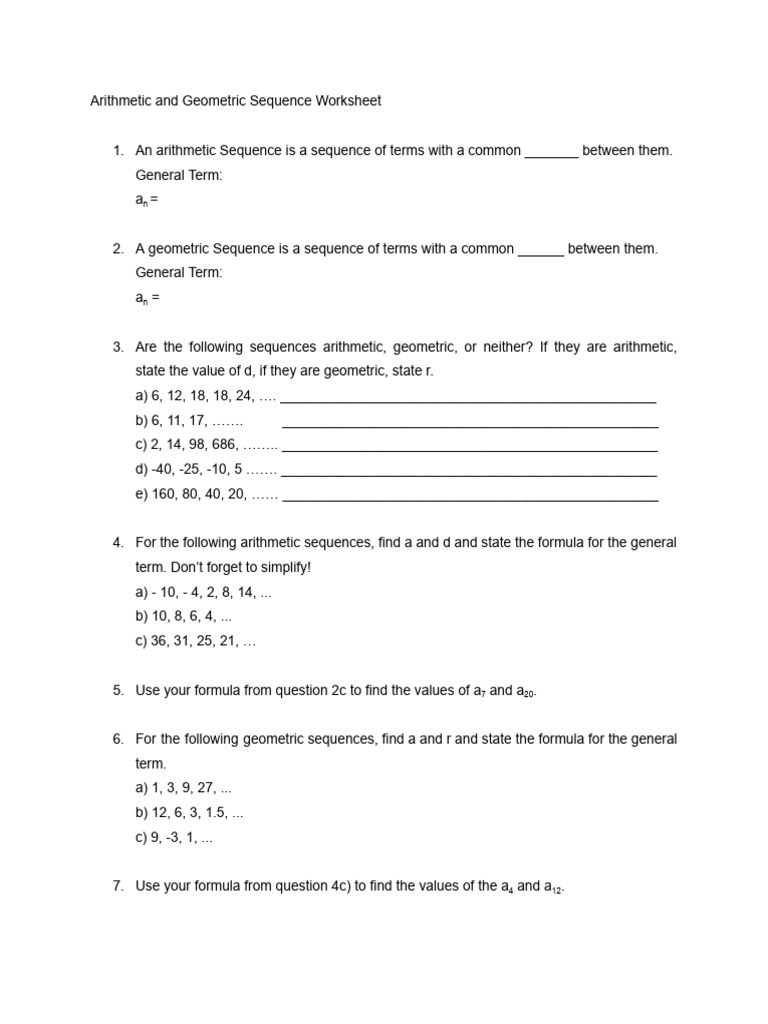 Arithmetic and Geometric Sequence Worksheet | PDF