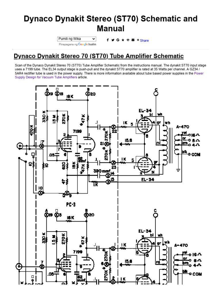 Dynaco Dynakit Stereo 70 (ST70) Tube Amplifier Schematic and Manual | PDF