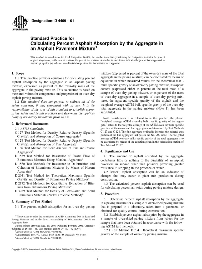 D 4469 - 01 - RDQ0NJK - Calculating Percent Asphalt Absorption by The ...