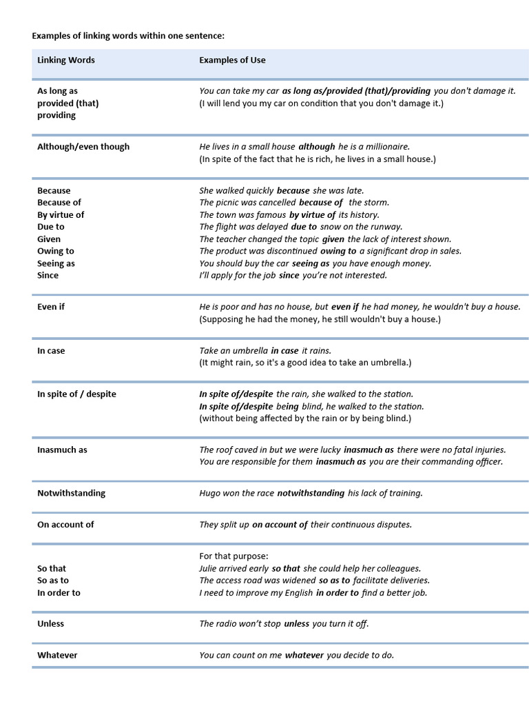 Examples of Linking Words Within One Sentence | PDF