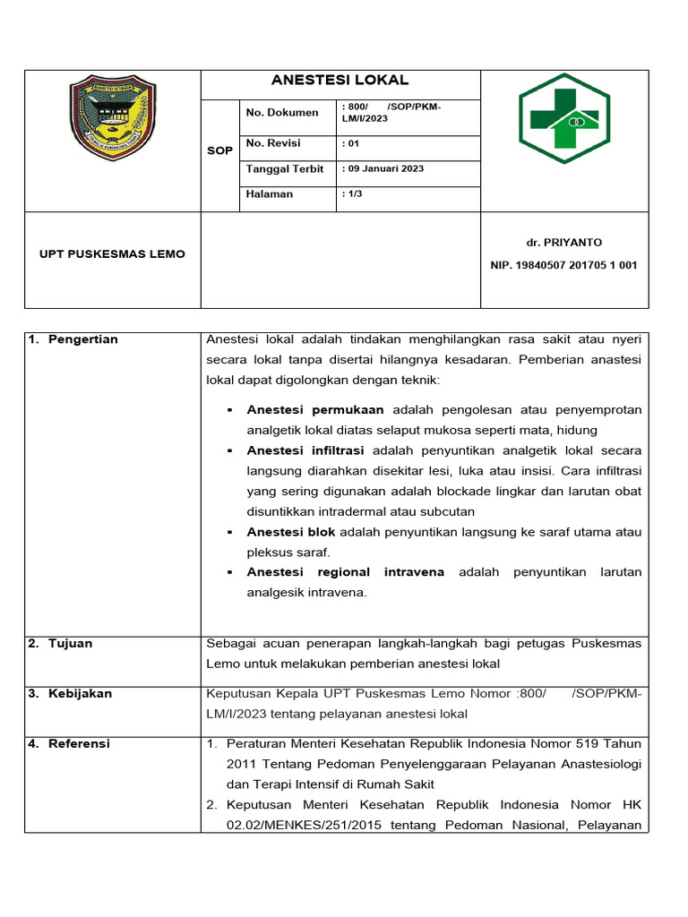 3.4.1.1 Sop Anestesi Lokal 2023 | PDF