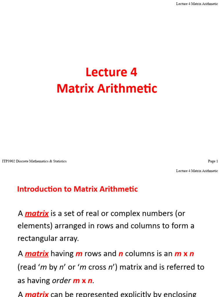 ITP3902 DMS Lec 4 Matrix Arithmetic | PDF | Matrix (Mathematics) | Abstract Algebra