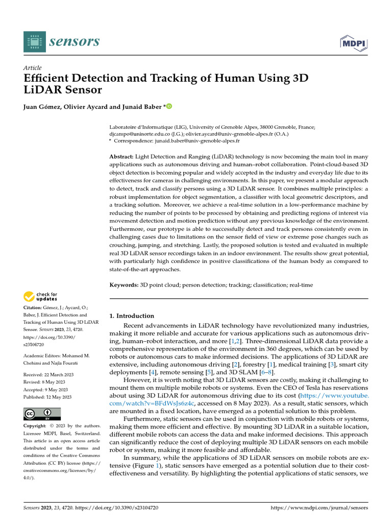 Efficient Detection and Tracking of Human Using 3D LiDAR Sensor | PDF