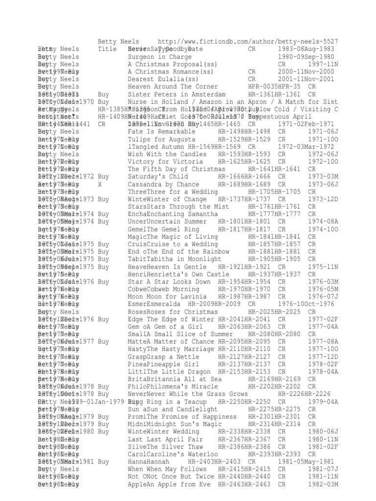 Betty Neels Complete Book List | PDF