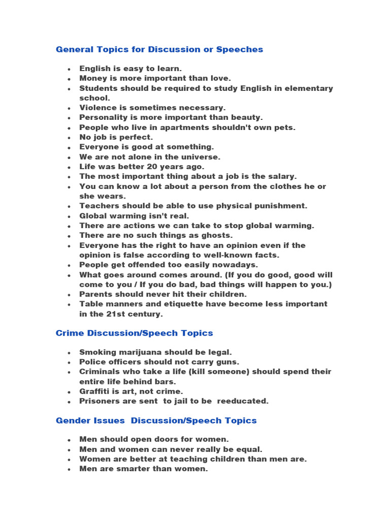 General Topics For Discussion or Speeches | PDF