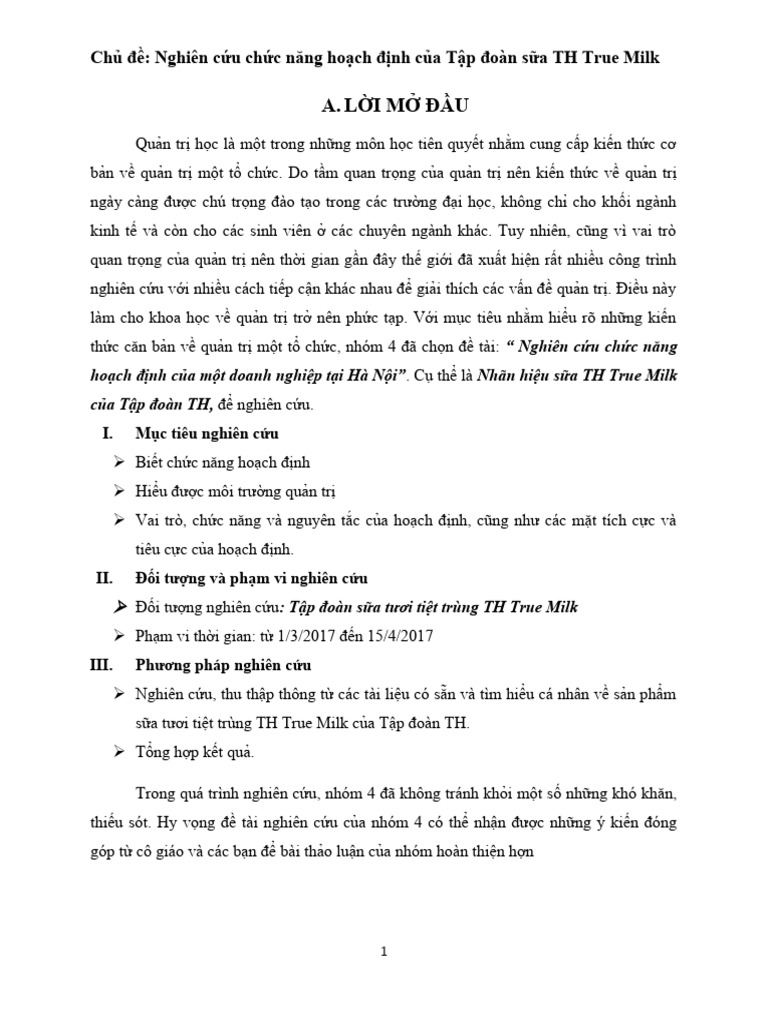 123doc Nghien Cuu Chuc Nang Hoach Dinh Cua Tap Doan Sua TH Truemilk | PDF
