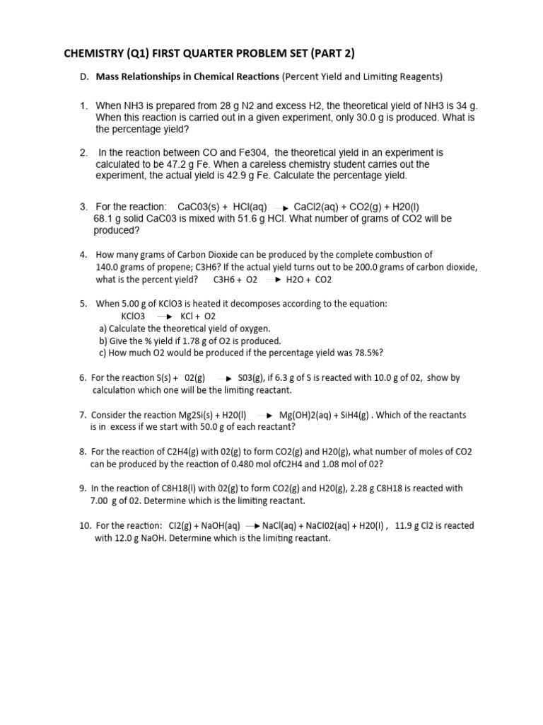 CHEMISTRY Q1 PROBLEM SET Part 2 2022 2023 | PDF