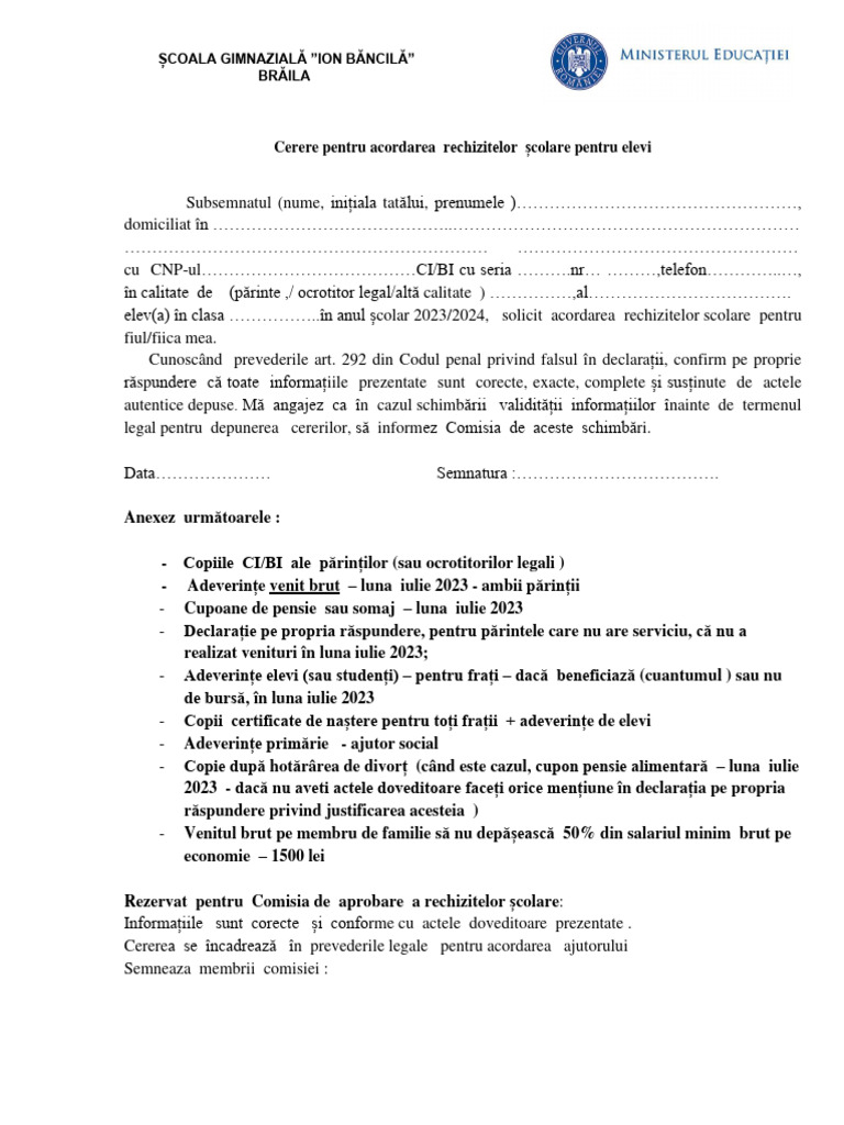 Cerere Rechizite 2023 | PDF