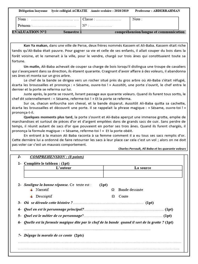 Évaluation sur Ali Baba et les 40 voleurs | PDF | Maison et jardin | Poésie