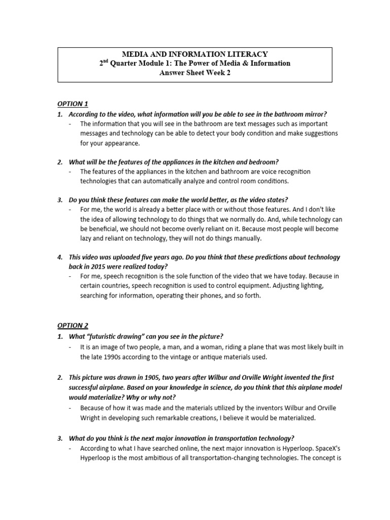 WEEK 2 ANSWER SHEET (MIL) | PDF