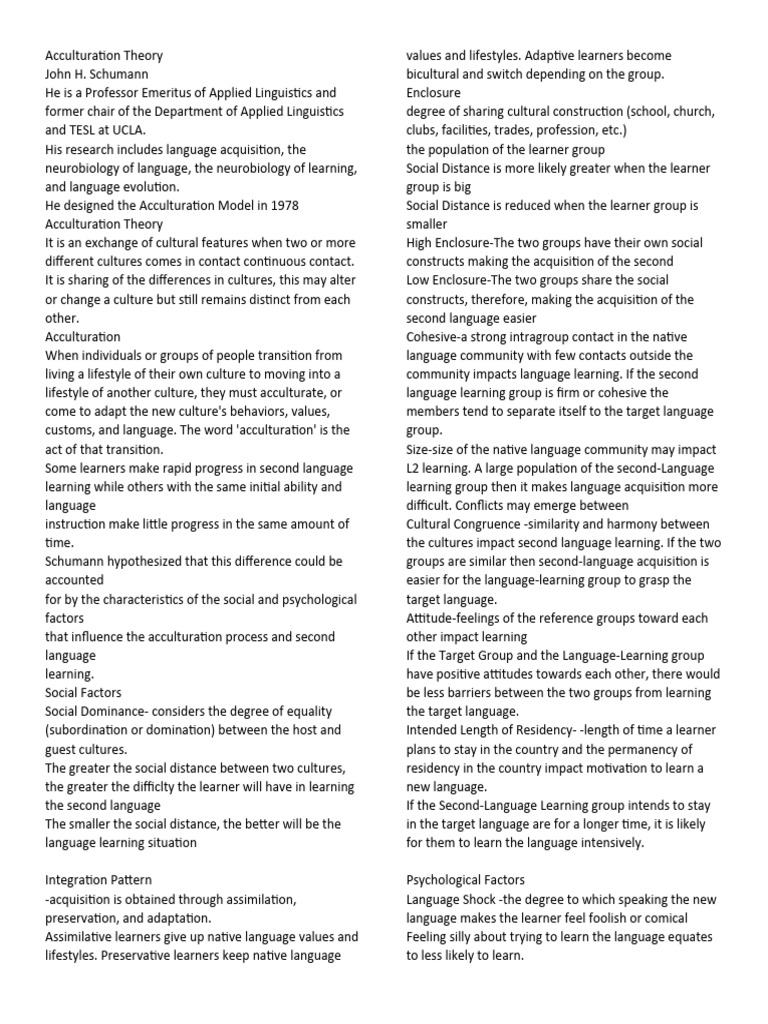 Schumann's Acculturation Theory Explained | PDF | Second Language ...