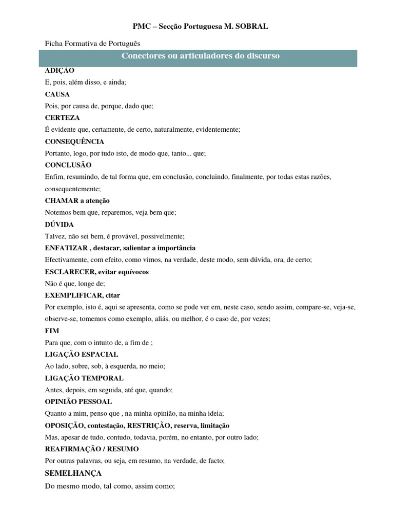 Ficha Informativa - Conectores Ou Articuladores Do Discurso | PDF