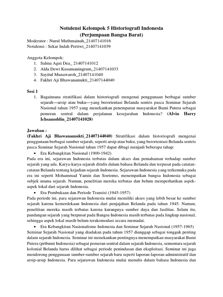 Notulensi Kelompok 5 Historiografi Indonesia | PDF | Ilmu Sosial | Sejarah